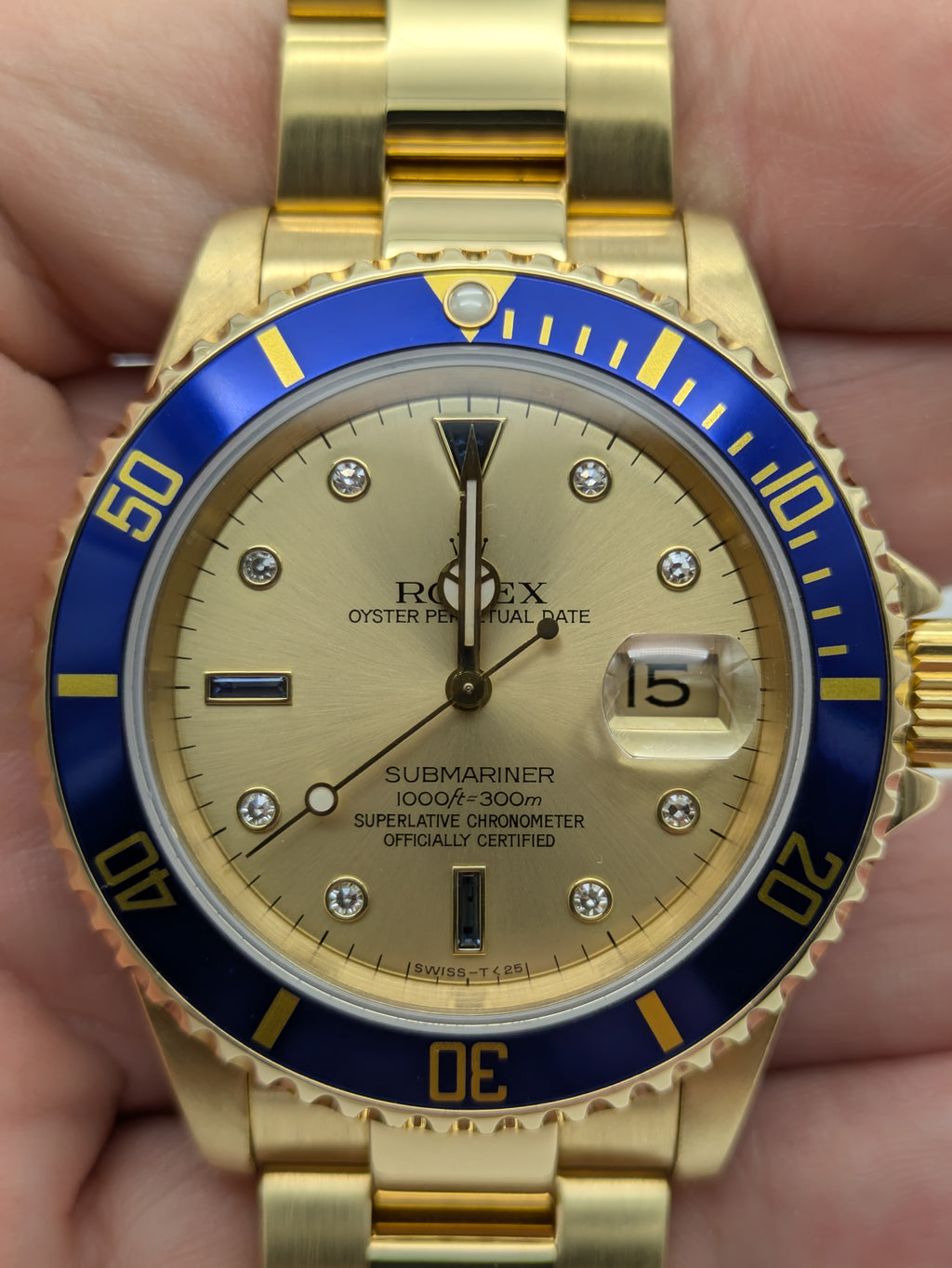 Rolex Submariner, 16618, Champagne Serti Diamond Dial Gold, 18kt YG 40 ...